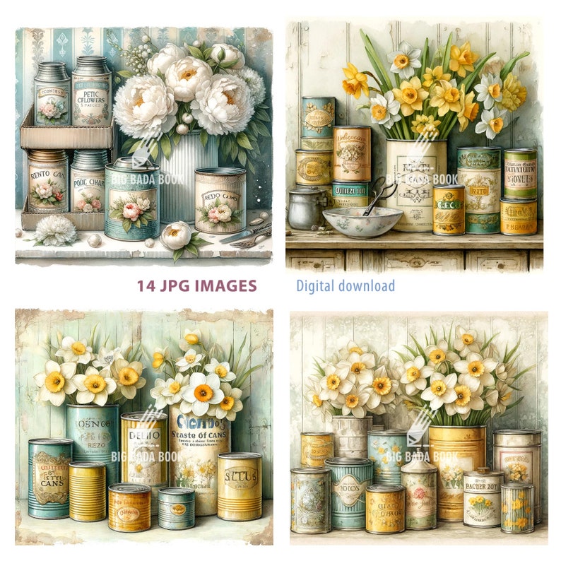 Shabby Chic Retro Cans and Flowers, 14 JPG - Etsy