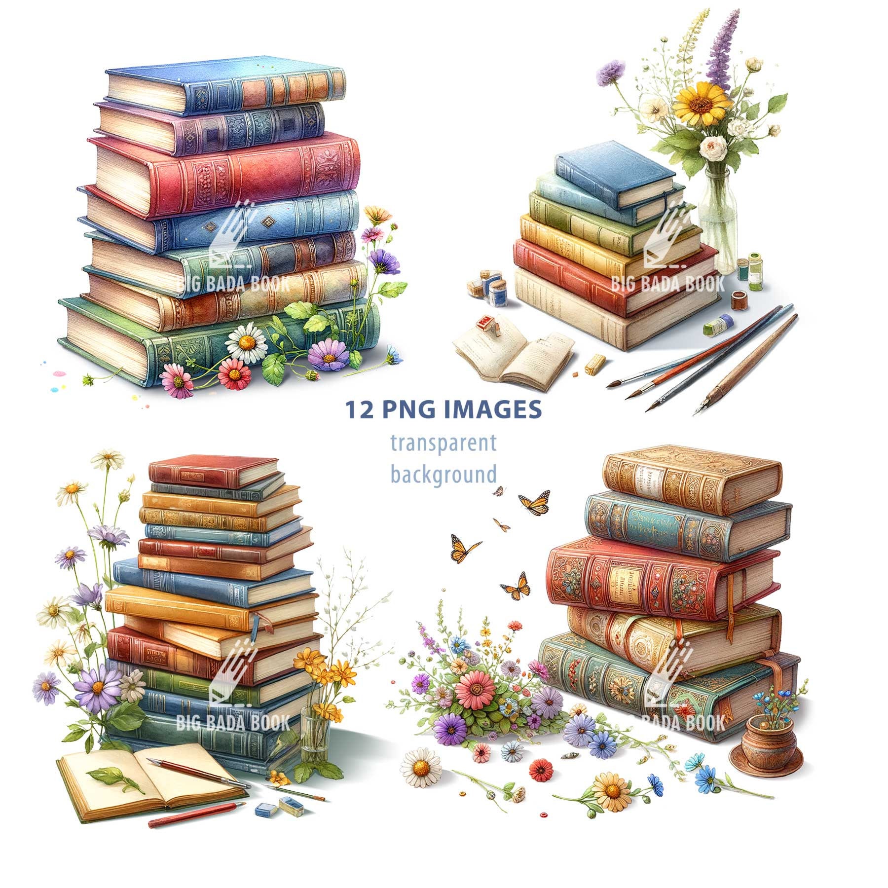 Watercolor Book Clipart: Vintage Education PNG Graphics (digital ...