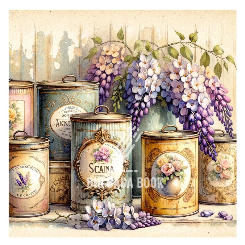 Shabby Chic Retro Cans and Flowers, 14 JPG - Etsy