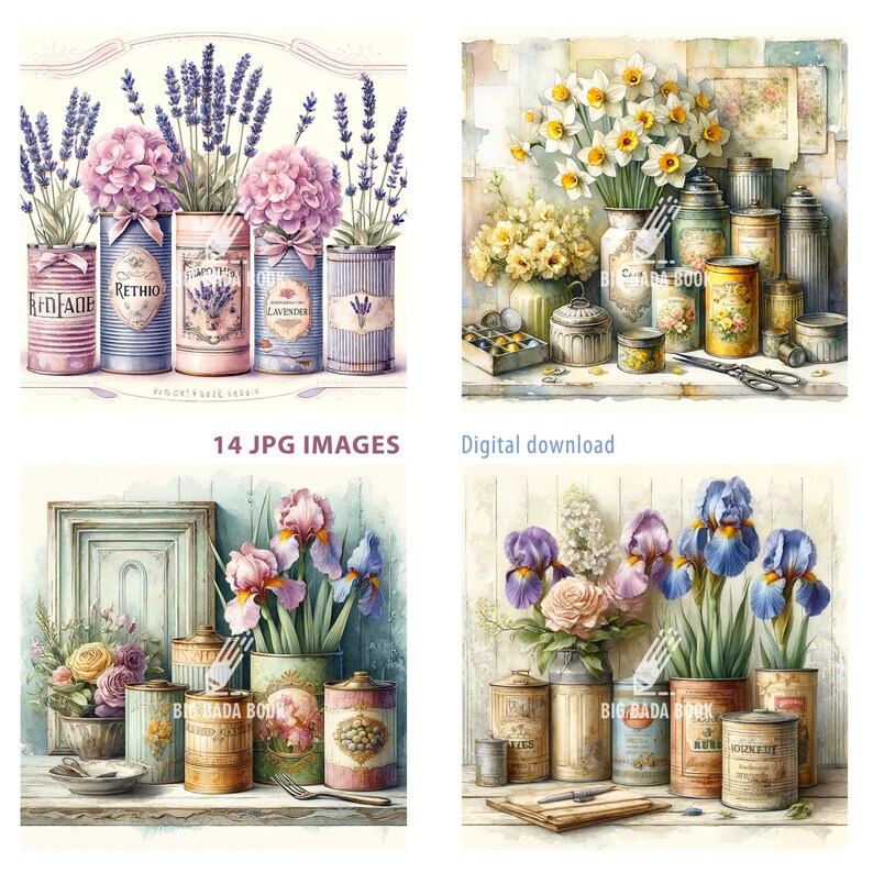 Vintage Floral Prints Shabby Chic Retro Cans & Flowers, Home Decor Art ...