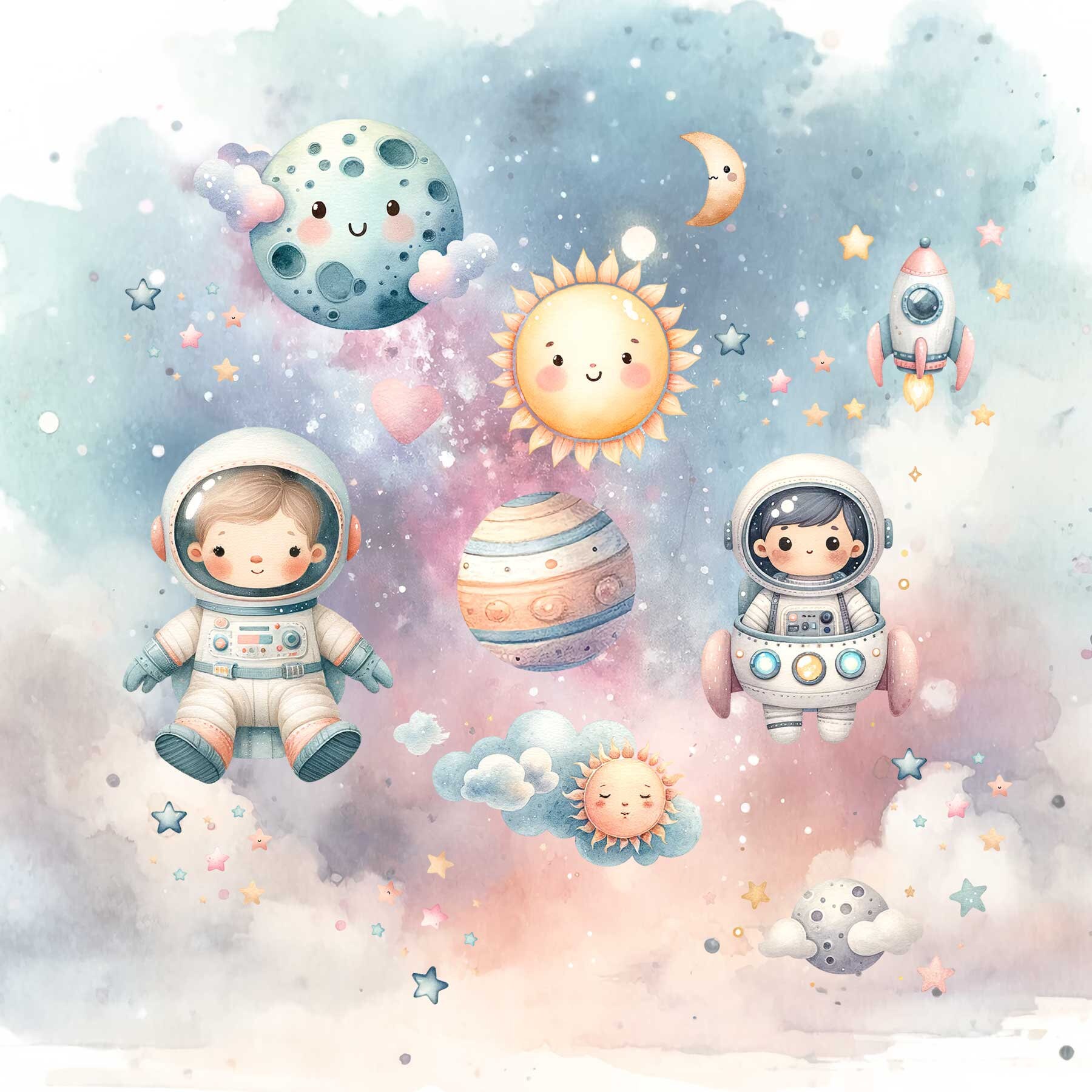 Watercolor Space Clipart Bundle - Astronaut, Rocket, Stars, Moon PNG ...