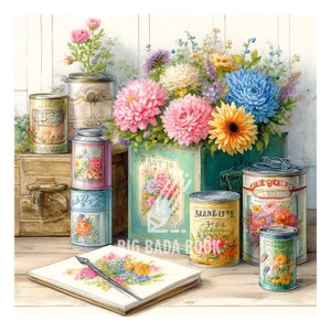 Shabby Chic Retro Cans and Flowers, 14 JPG - Etsy
