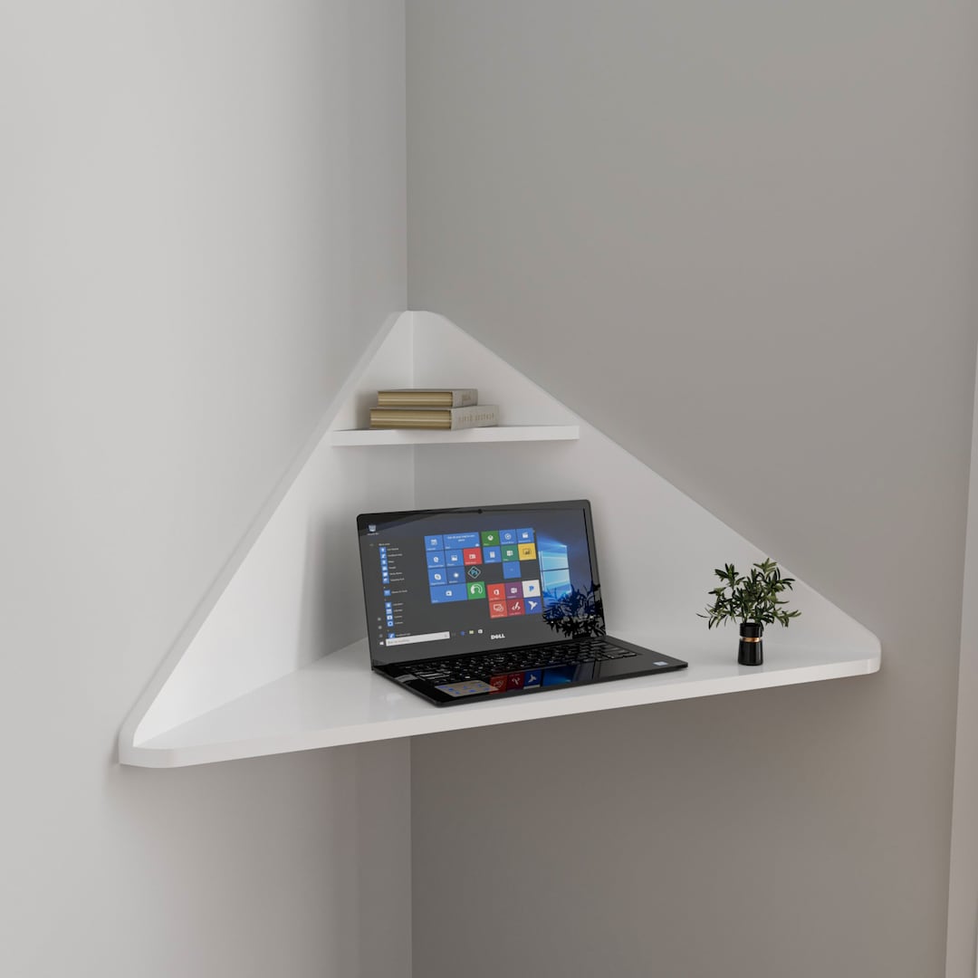 Wood White Wall Mounted Corner Desk, Space Saving Corner Table, Home ...