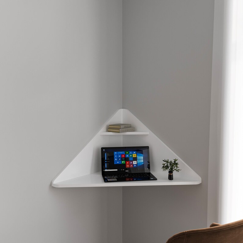 Wood White Wall Mounted Corner Desk, Space Saving Corner Table, Home ...