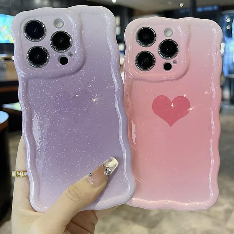 3D Wave Heart iPhone Case: Glossy Pink & Blue Matching Couple Cover - Etsy