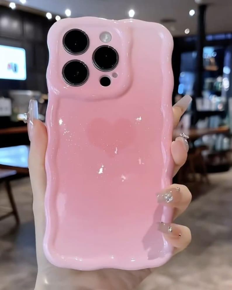 3D Wave Heart iPhone Case: Glossy Pink & Blue Matching Couple Cover - Etsy