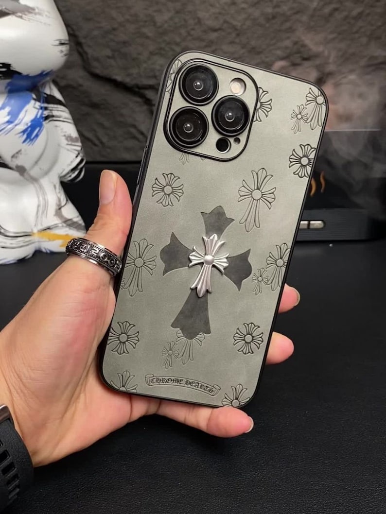 Chrome Hearts Style Gothic Cross Leather iPhone Case Grunge Leather ...