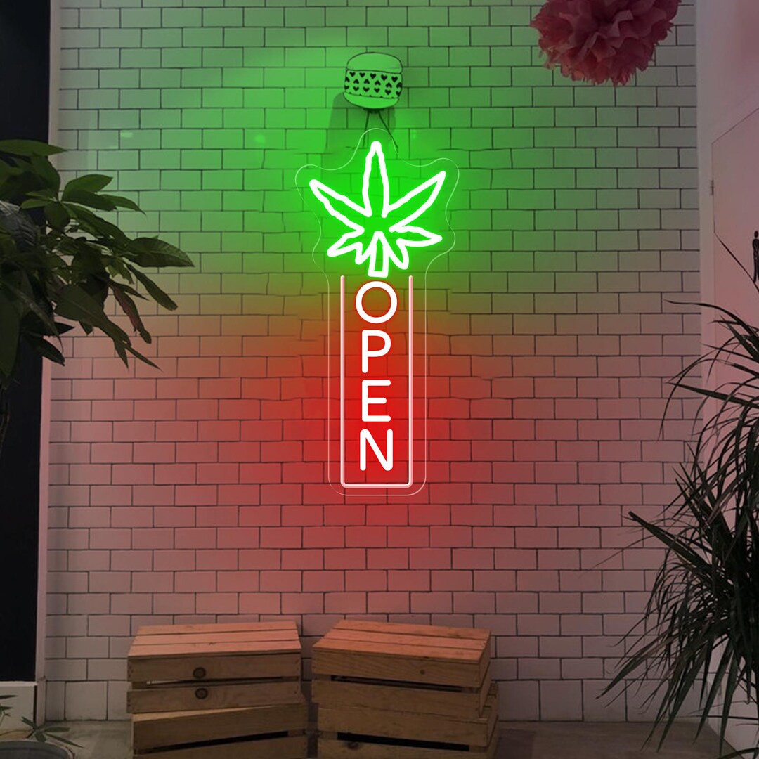Cannabis Vertical Open Sign, Personalized Weed Wall Art LED Light, Home ...