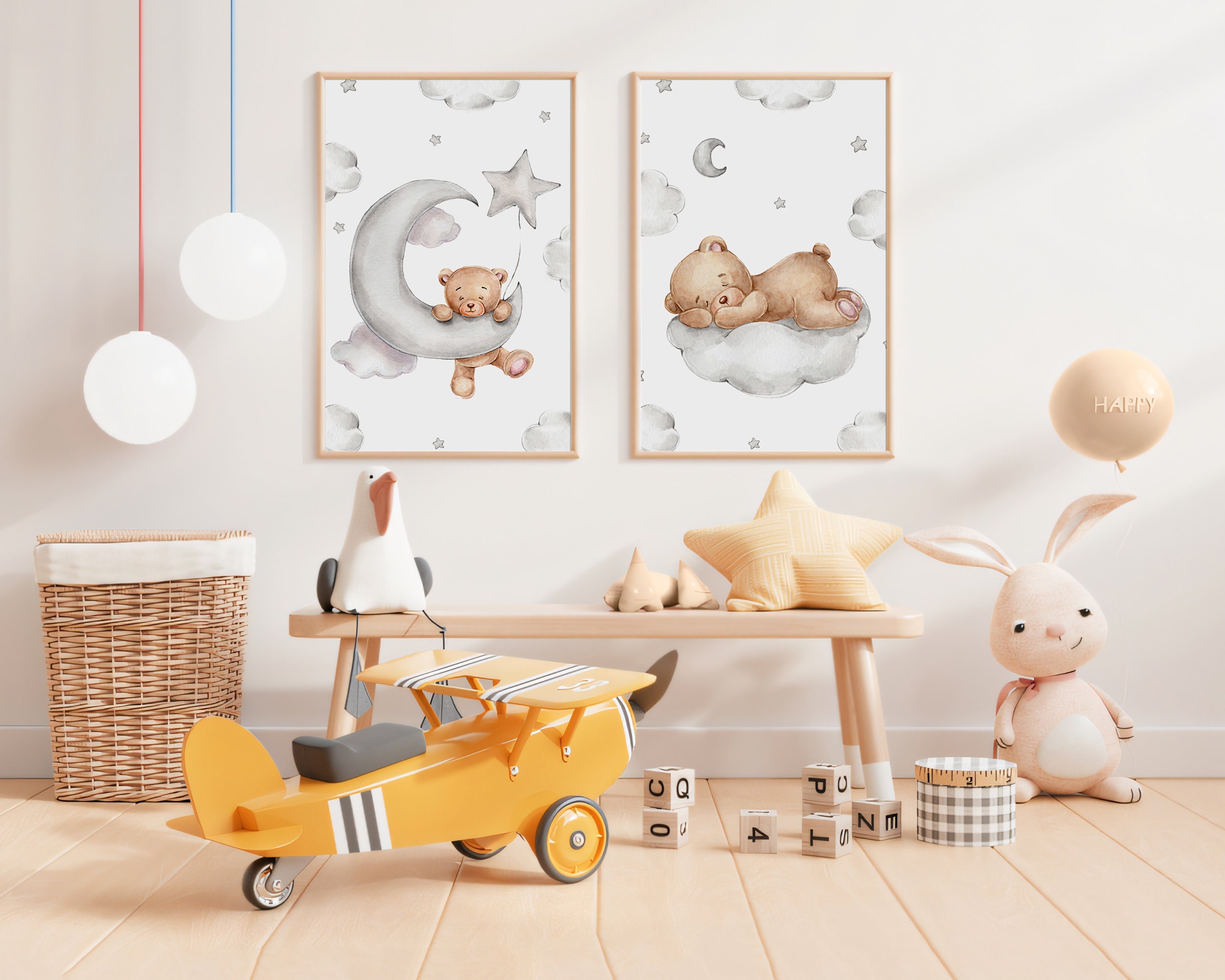 Teddy Bear Nursery Prints, Printable Boy Nursery 2 Pieces Wall Art ...