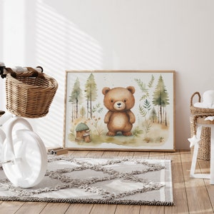 Nursery Woodland Baby Bear Wall Art, Printable Kids Digital Print, Cute ...
