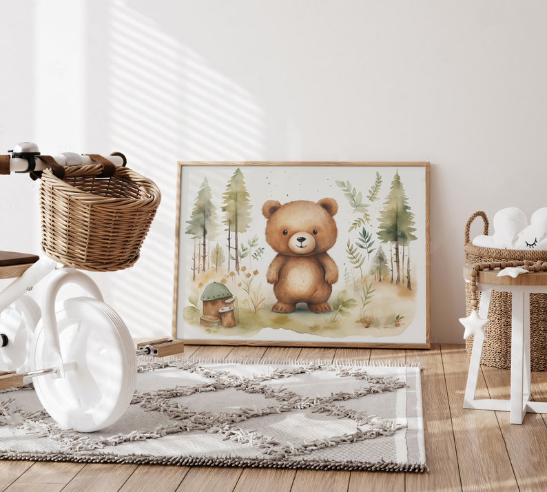 Nursery Woodland Baby Bear Wall Art, Printable Kids Digital Print, Cute ...