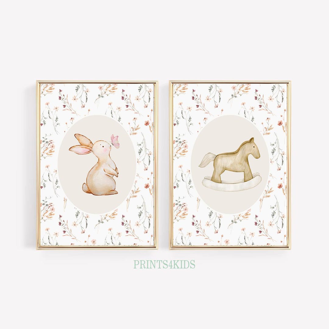 Vintage Floral Nursery Prints, Set of 2 Bunny Nursery Wall Art, Antique ...