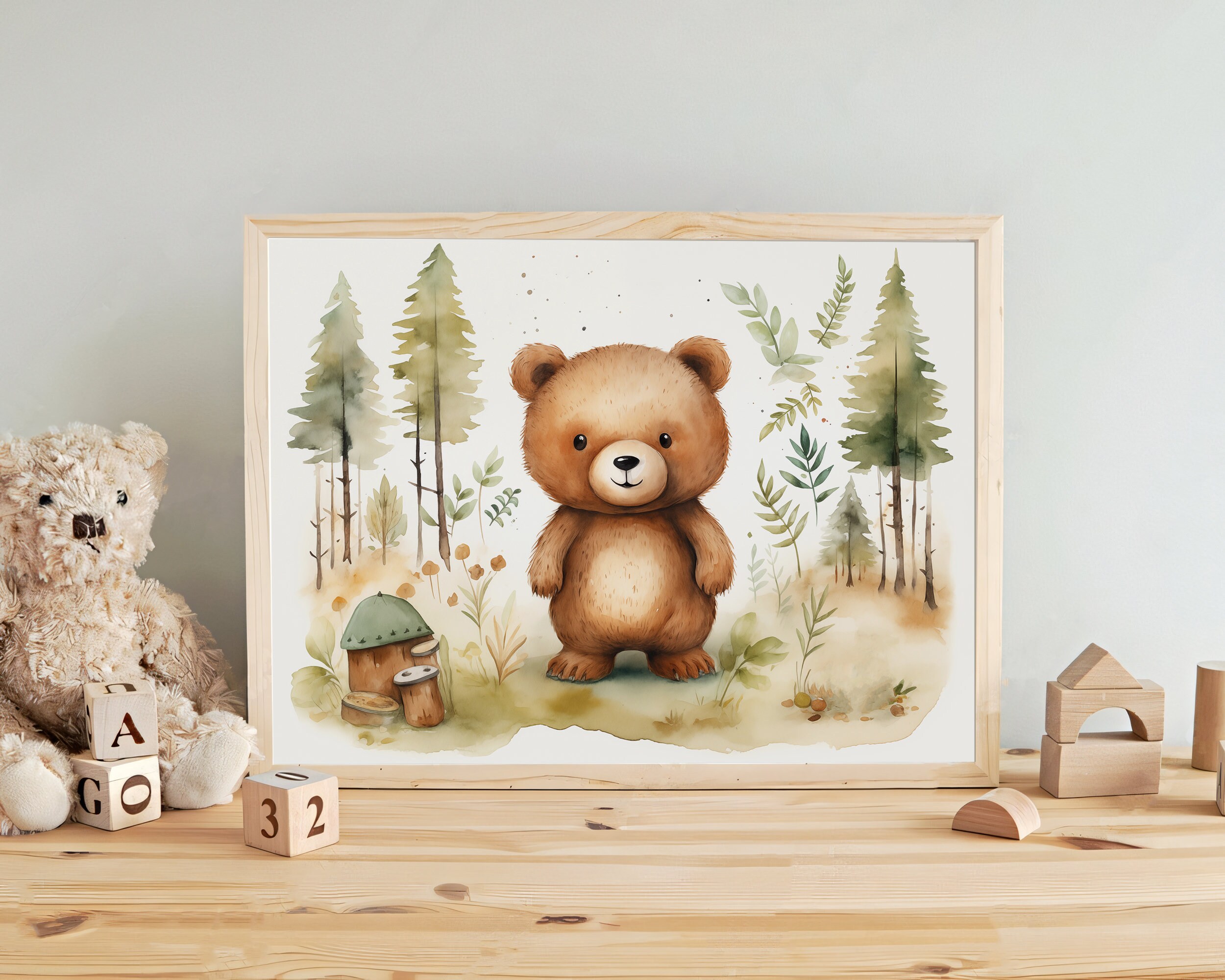 Nursery Woodland Baby Bear Wall Art, Printable Kids Digital Print, Cute ...
