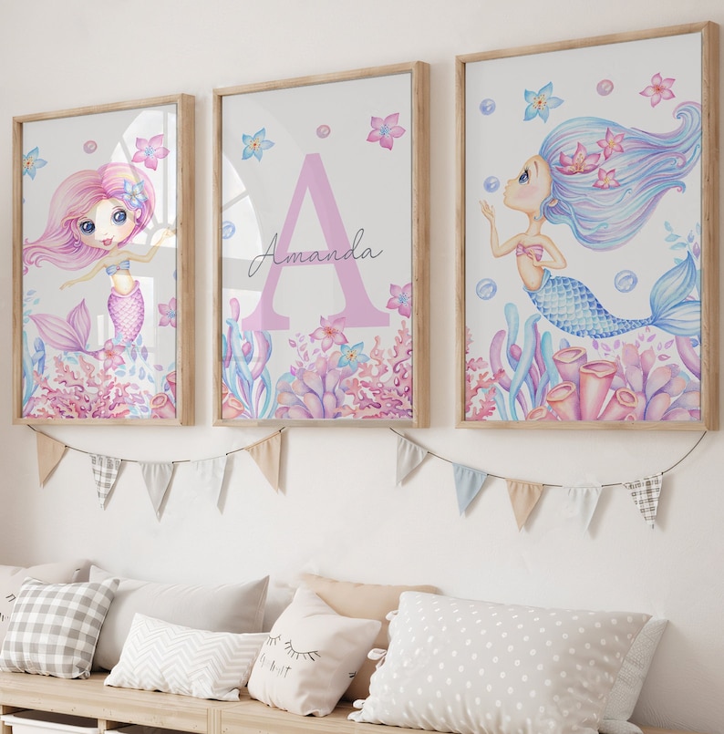 Mermaids Girl Nursery Custom Name Prints, Ocean Girl Room Personalized ...