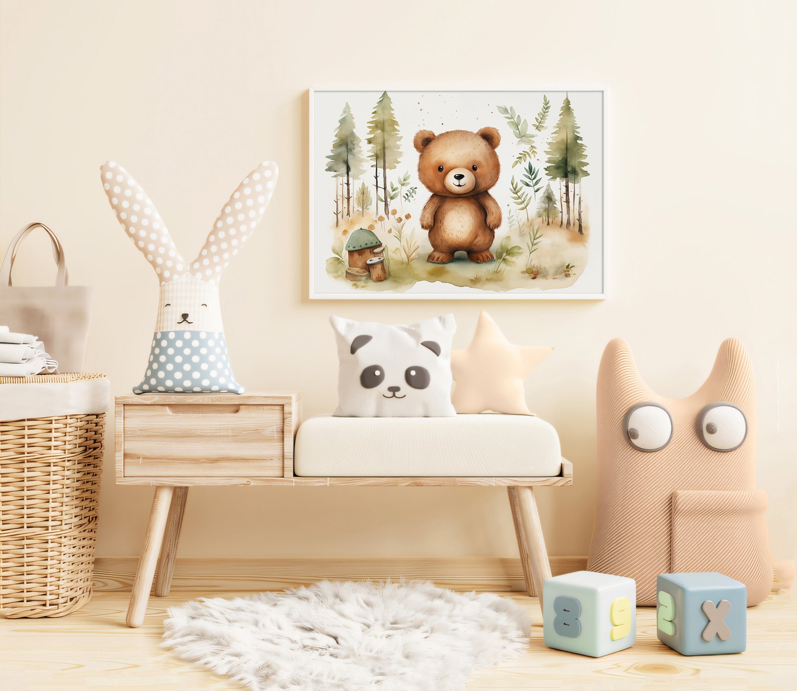 Nursery Woodland Baby Bear Wall Art, Printable Kids Digital Print, Cute ...