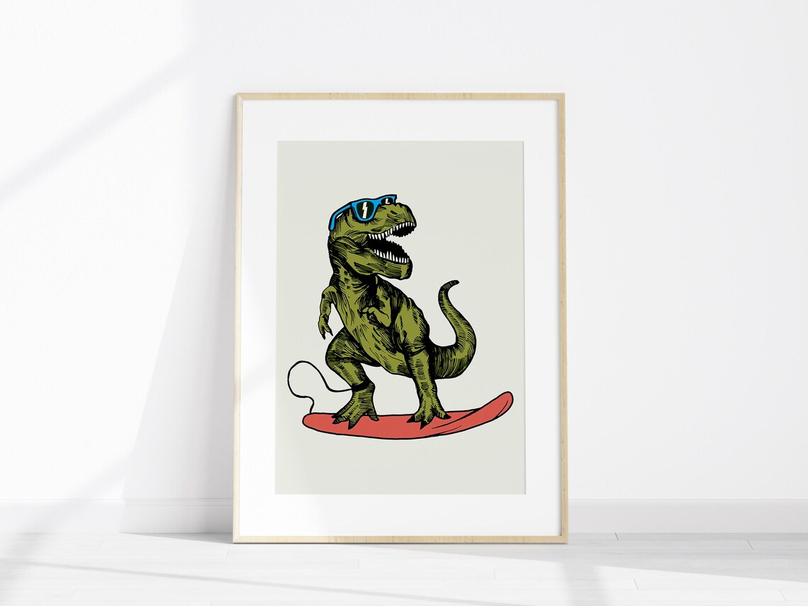 T-rex Boy Room Wall Art, Dinosaurs Art for Kids Bedroom, Playroom Surf ...