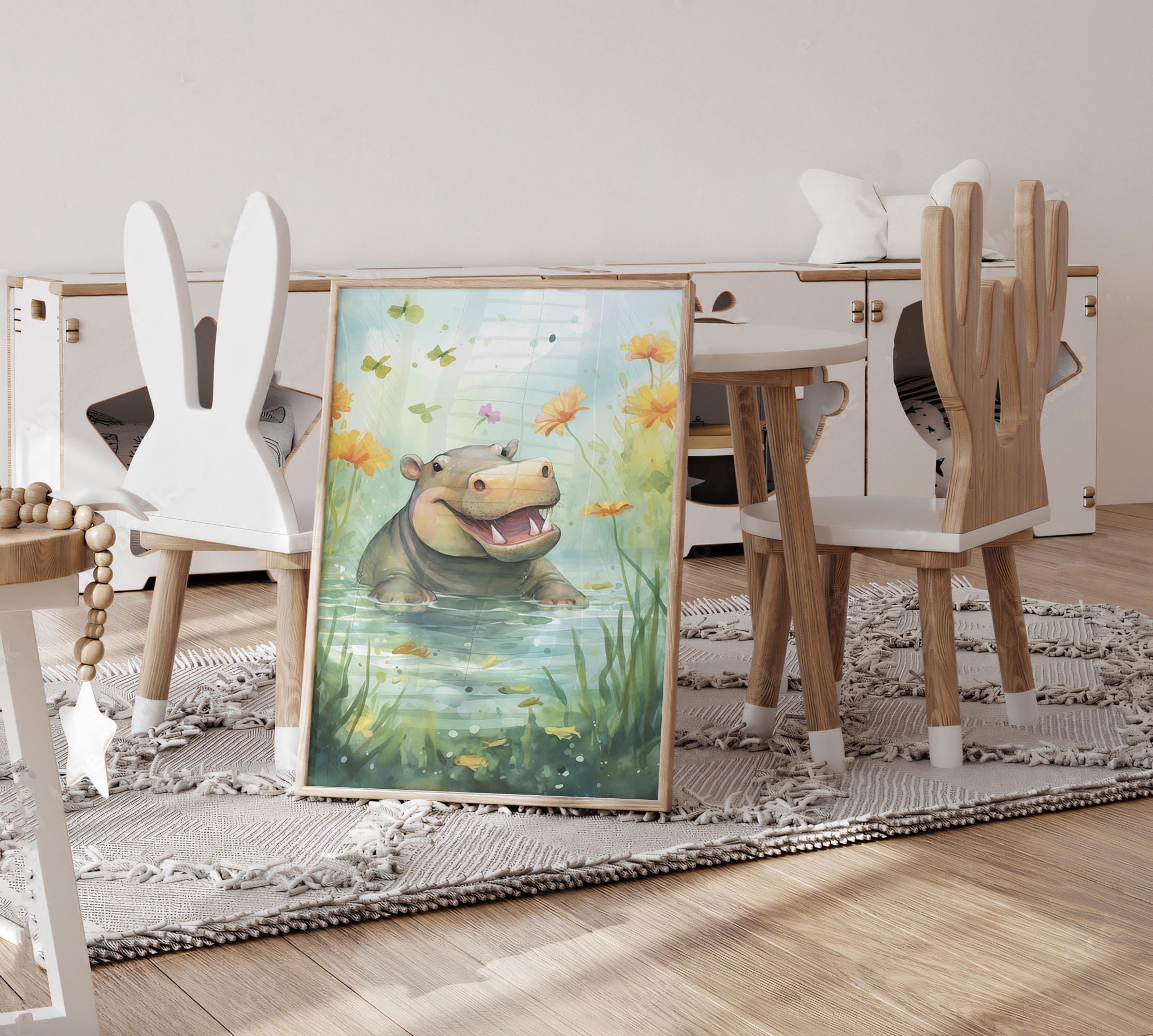 Printable Cute Hippo Print for Kids, Nursery Safari Animal Wall Art ...
