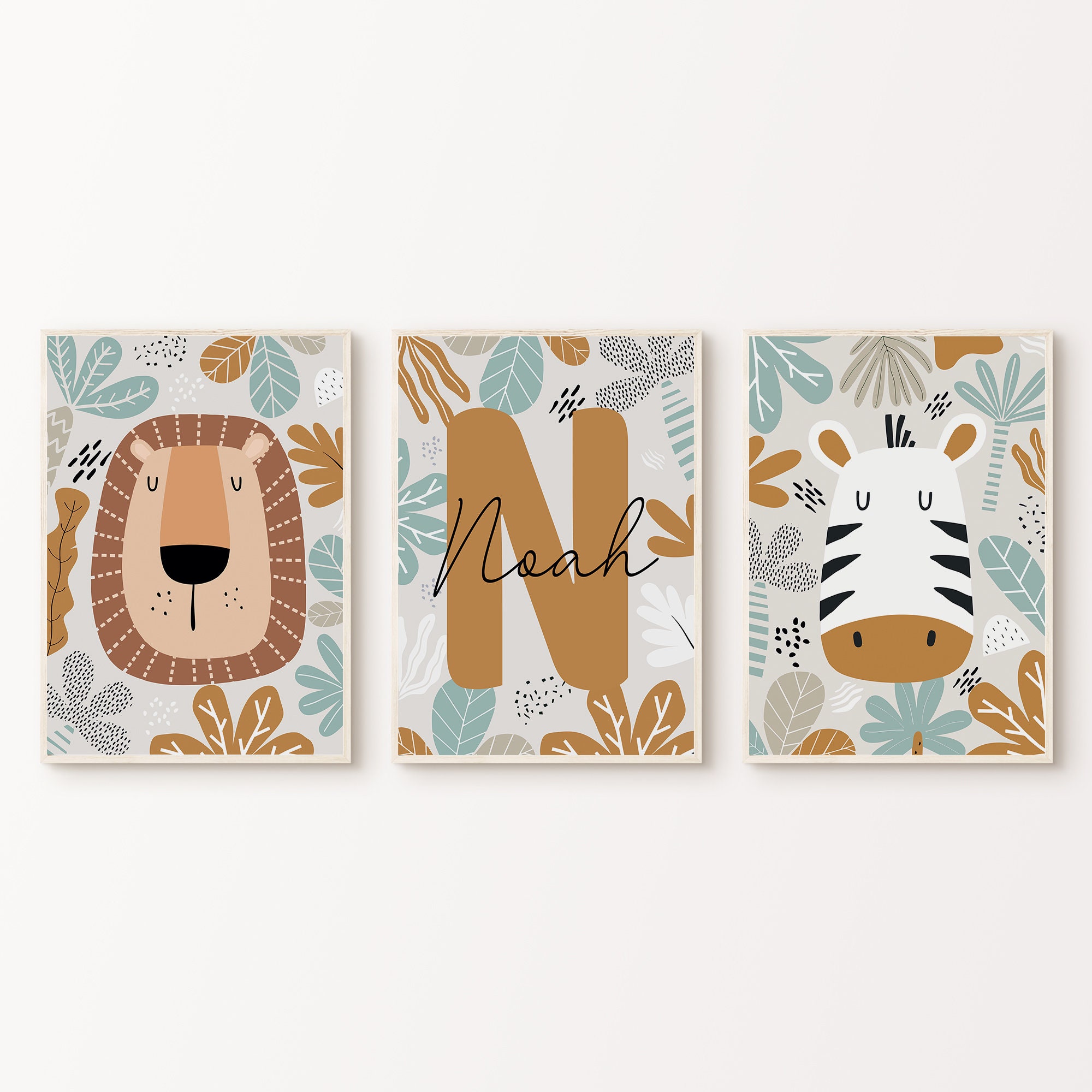 Safari Nursery Set of 3 Prints, Printable Boho Custom Name Nursery 3 ...