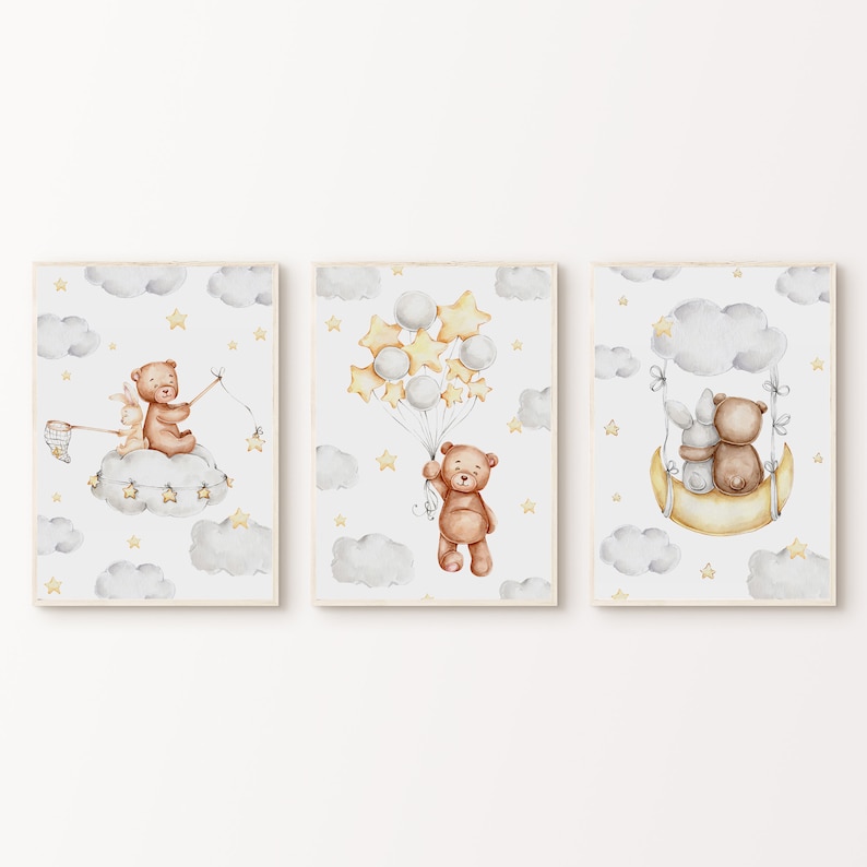 Printable Nursery 3 Pieces Wall Art, Teddy Bear Nursery Prints, Cute ...