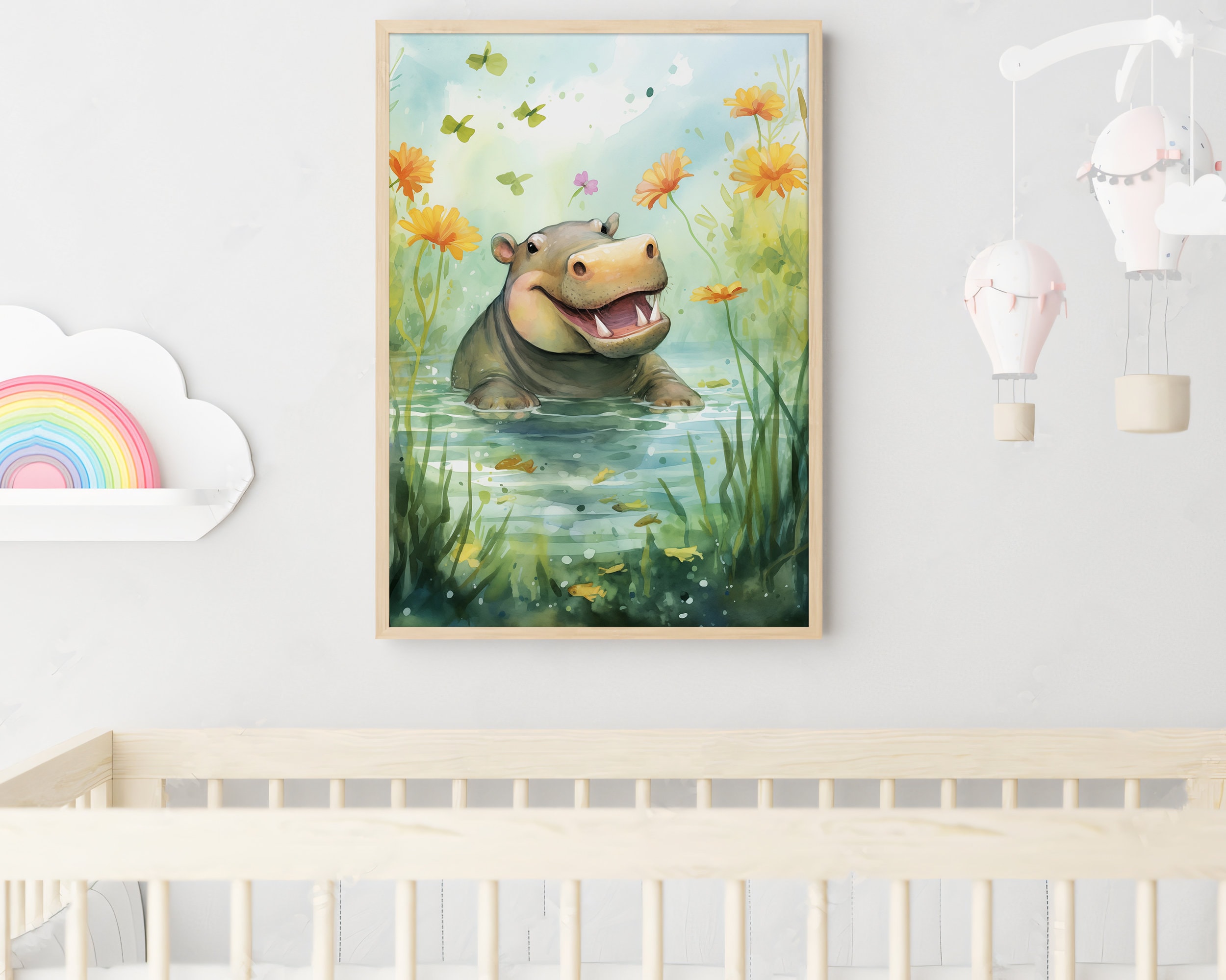Printable Cute Hippo Print for Kids, Nursery Safari Animal Wall Art ...