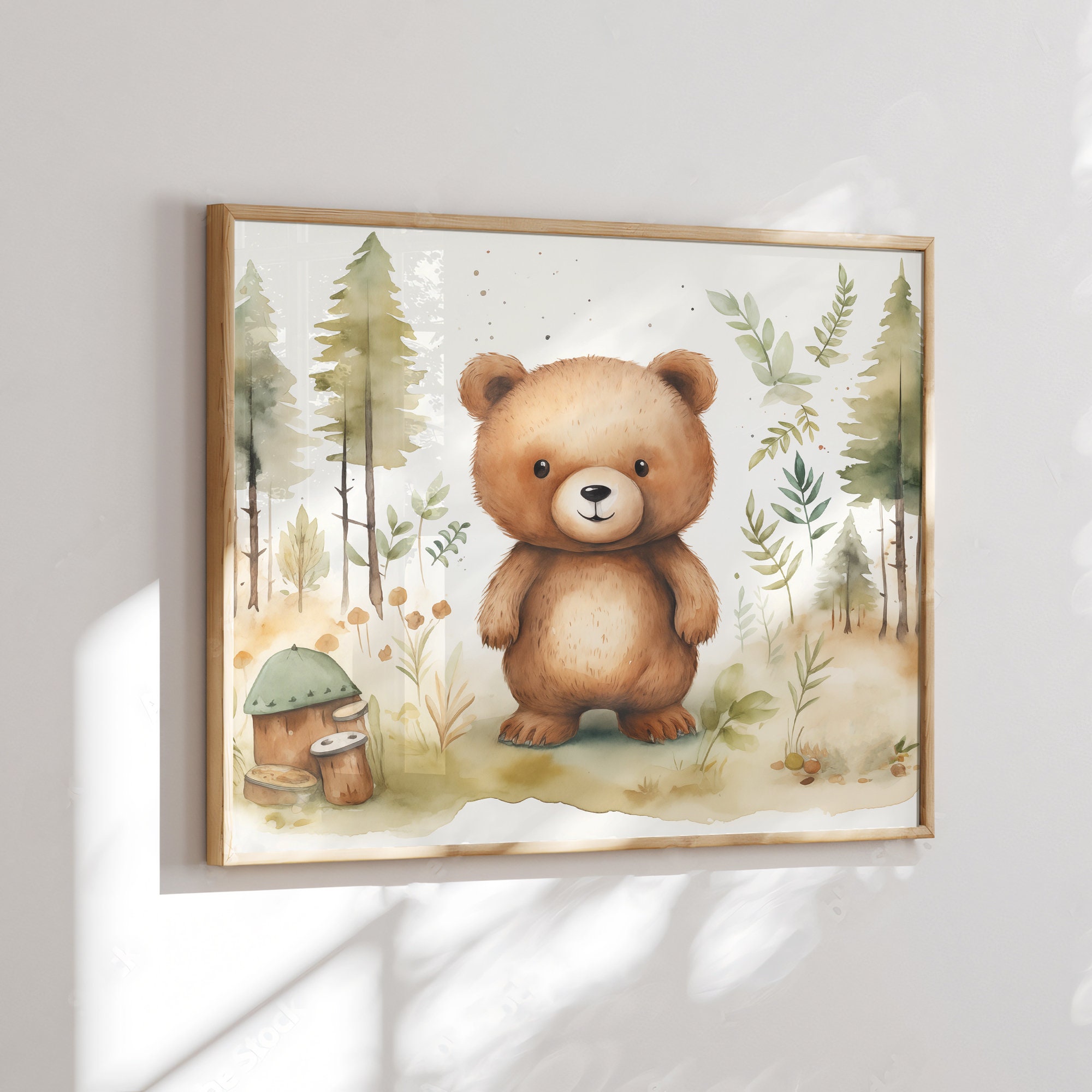 Nursery Woodland Baby Bear Wall Art, Printable Kids Digital Print, Cute ...