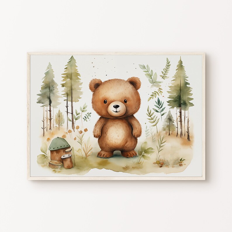 Nursery Woodland Baby Bear Wall Art, Printable Kids Digital Print, Cute ...