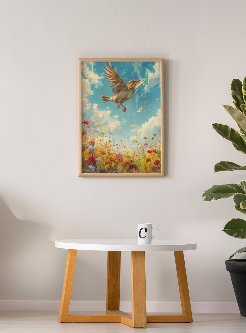 Spring Meadow Painting, Wildflower Field, Cottage Core, Bird Art, Oil ...