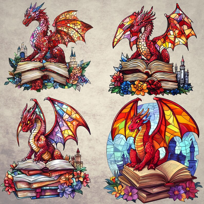 Fantasy Dragon Book Png, Fairytale Dragon Castle, Stained Glass Dragon ...