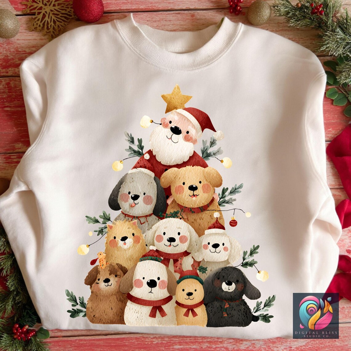 Christmas Tree Dog Santa Png Bundle Designs, Watercolor Xmas Animals ...