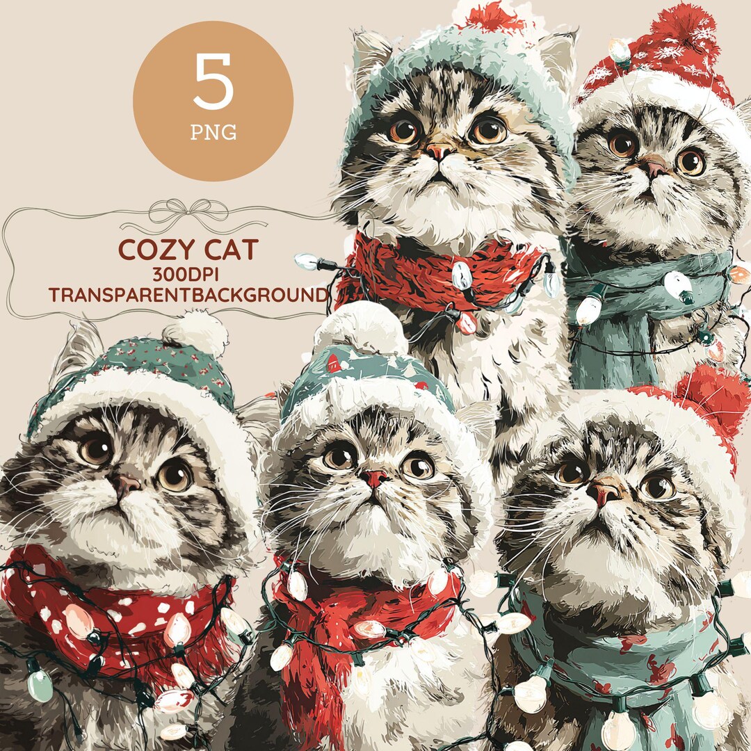 Cozy Cat Png Bundle Design, Cute Christmas Animals Clipart, Preppy ...