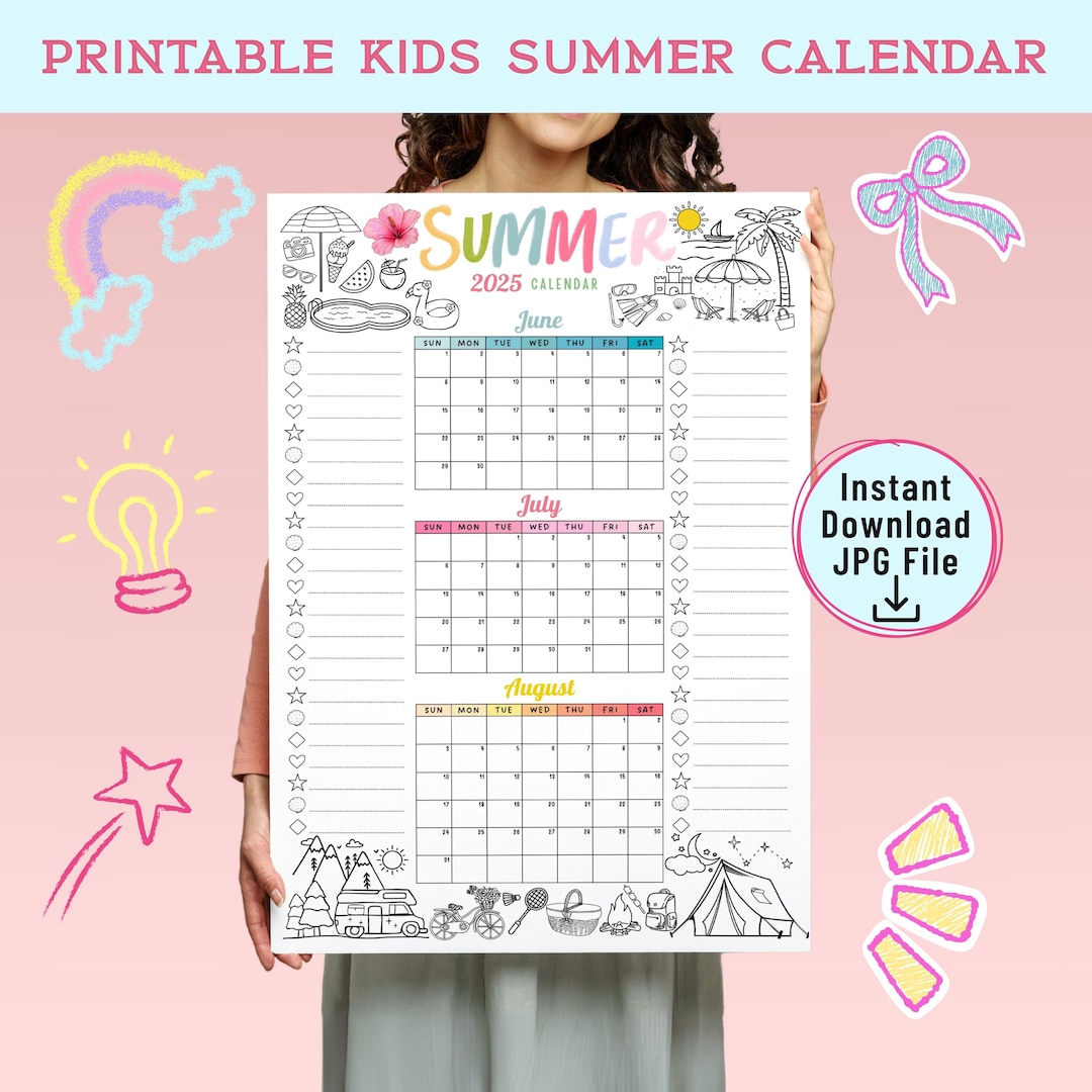 Printable Kids Summer Activities Bucket List, Kids Summer Calendar 2025 ...