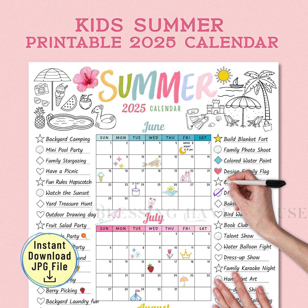 Printable Kids Summer Activities Bucket List, Kids Summer Calendar 2025 ...