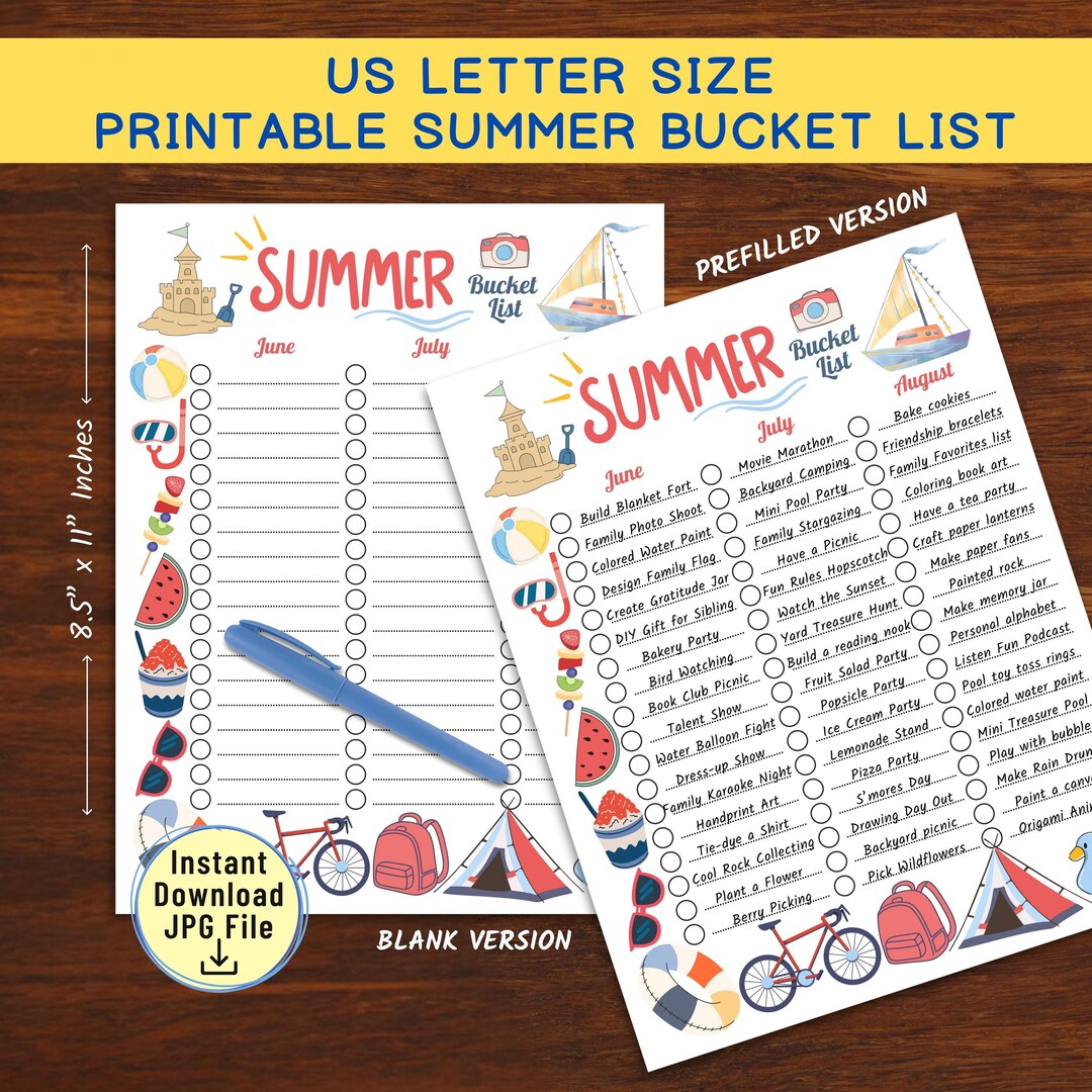 Printable Kids Summer Activities Bucket List, Kids Summer Bucket List ...