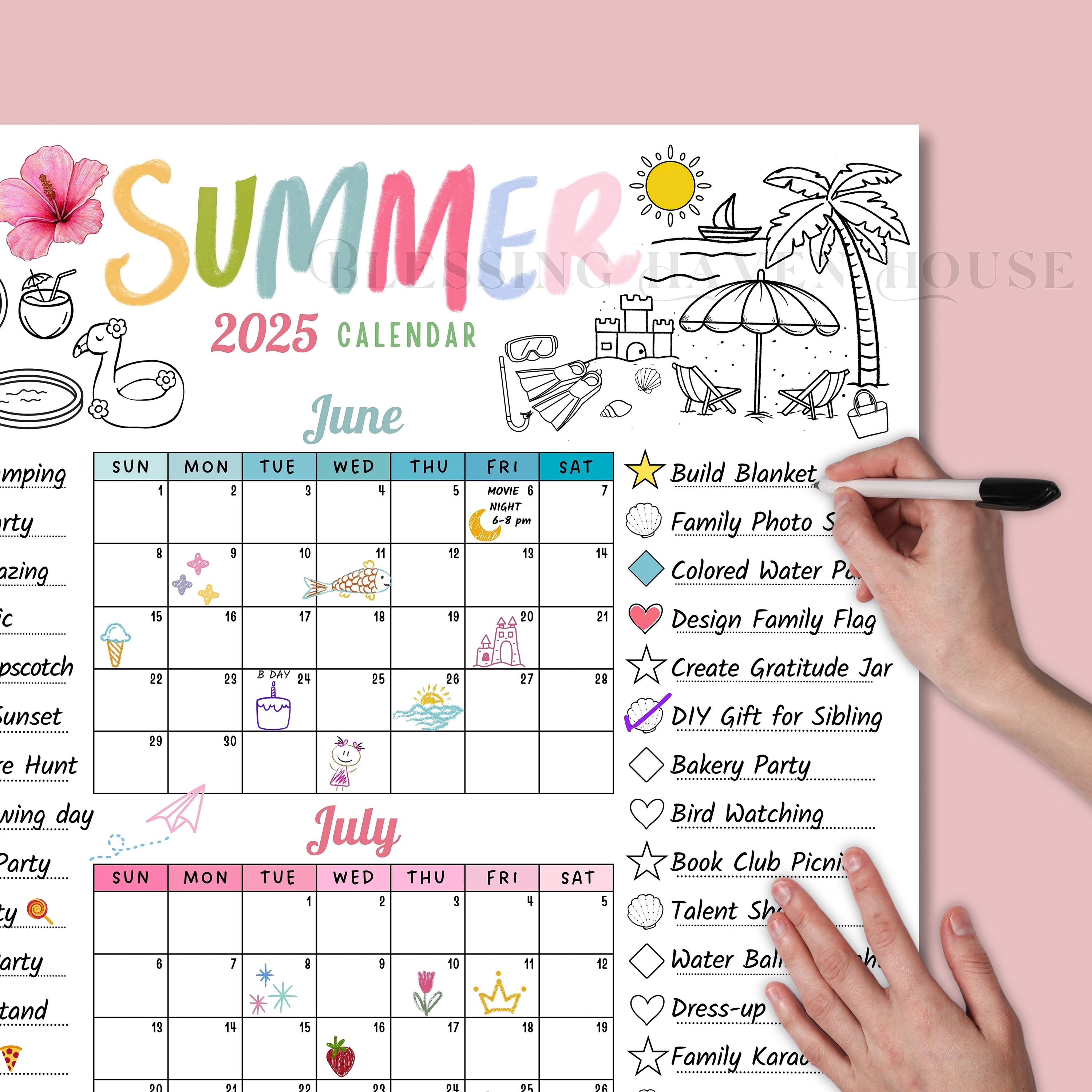 Printable Kids Summer Activities Bucket List, Kids Summer Calendar 2025 ...