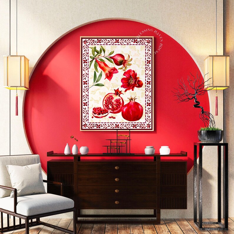 Printable Pomegranate Art Poster, Vintage Decor, Cottage Decor, Arabic ...