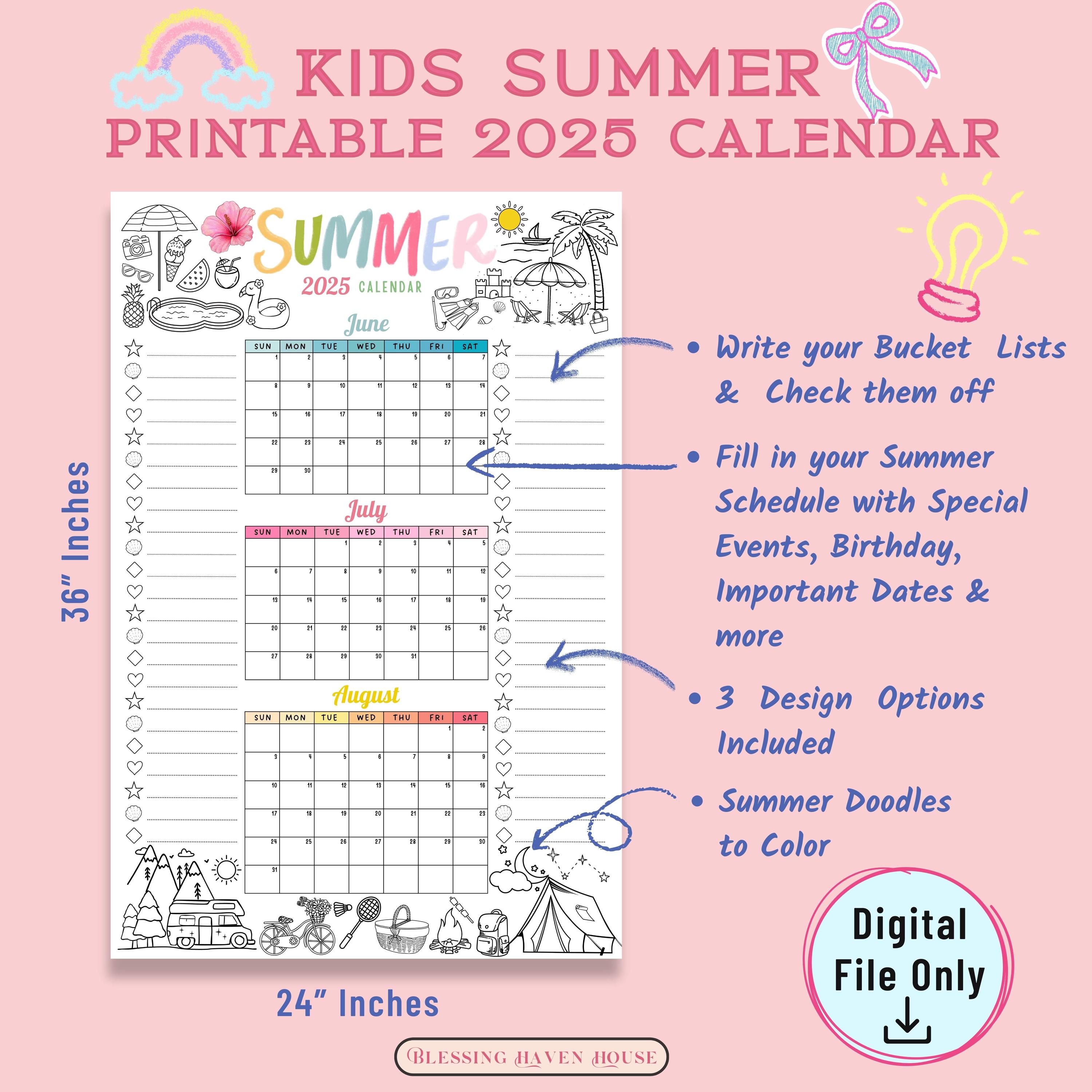 Printable Kids Summer Activities Bucket List, Kids Summer Calendar 2025 ...