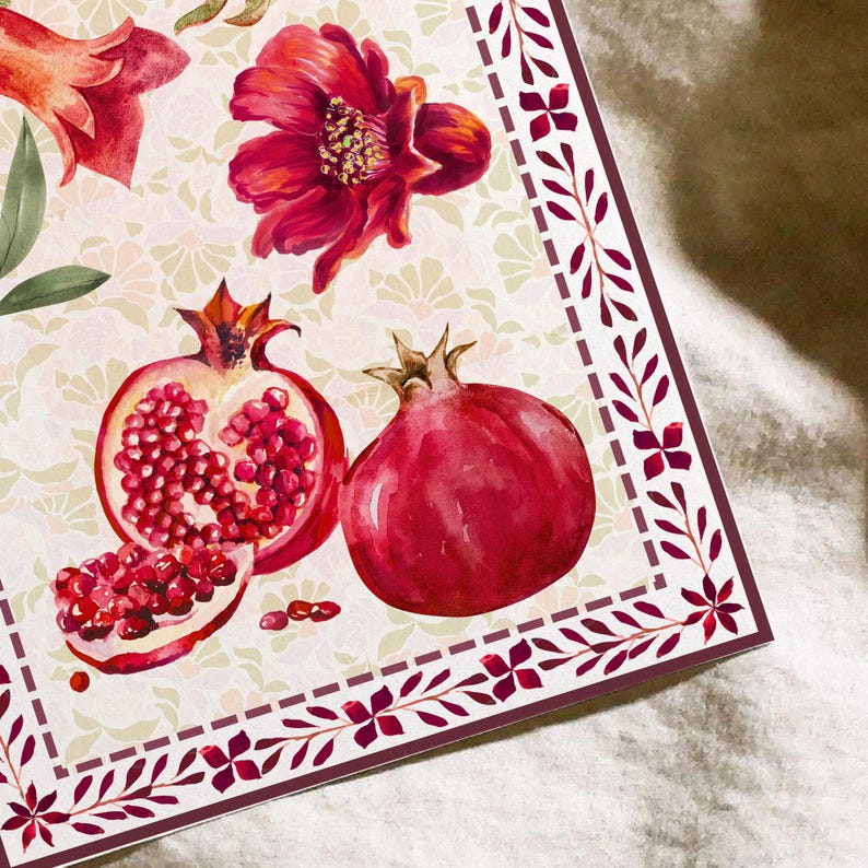 Printable Pomegranate Art Poster, Vintage Decor, Cottage Decor, Arabic ...