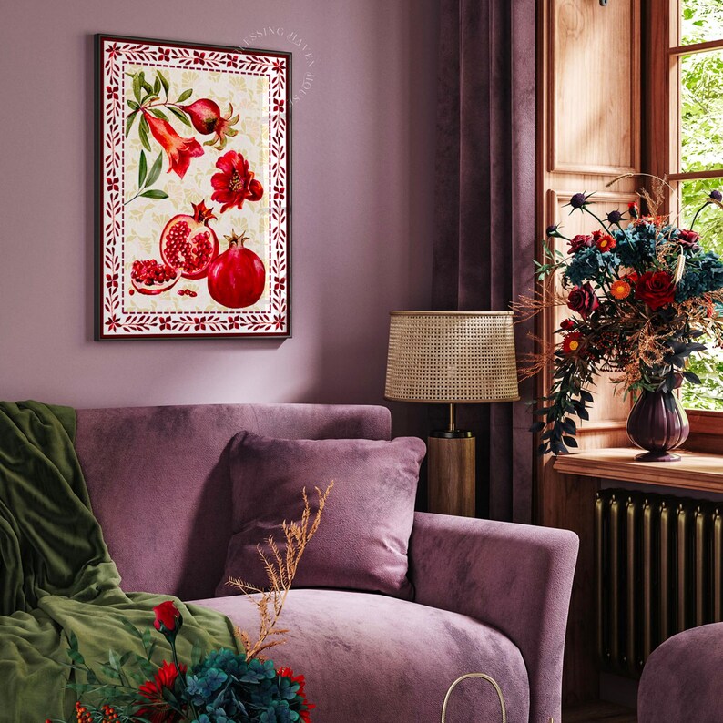 Printable Pomegranate Art Poster, Vintage Decor, Cottage Decor, Arabic ...