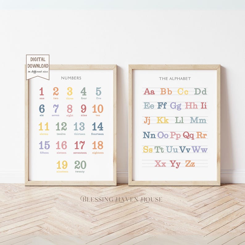 Printable Rainbow Alphabet Poster for Kids, Numbers Chart, Homeschool ...
