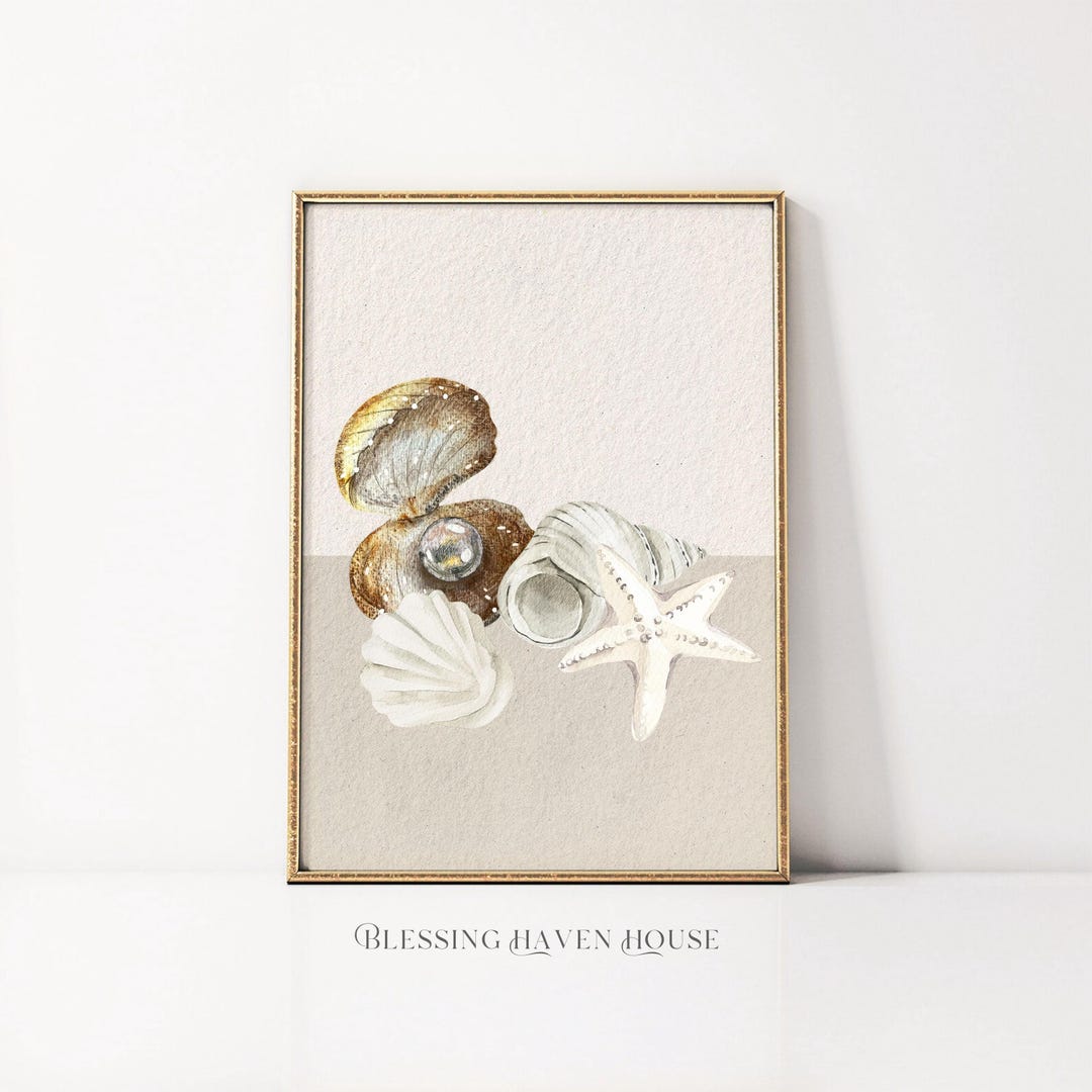 Printable Coastal Wall Art Print, Watercolor Seashells Print, Beach ...