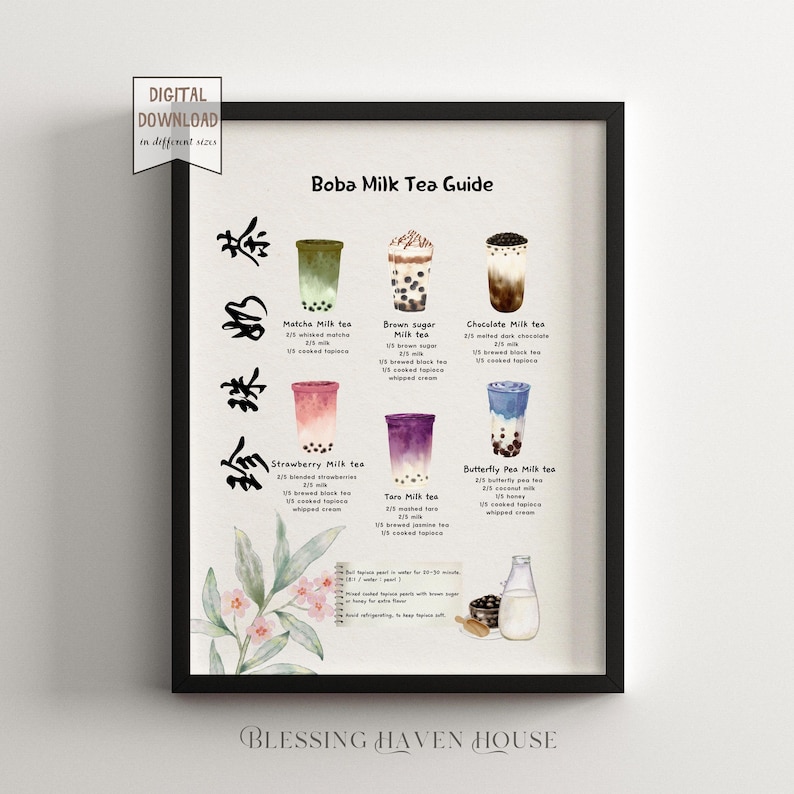 Printable Boba Tea Print, Boba Tea Art Poster, Boba Lover, Kitchen Wall ...