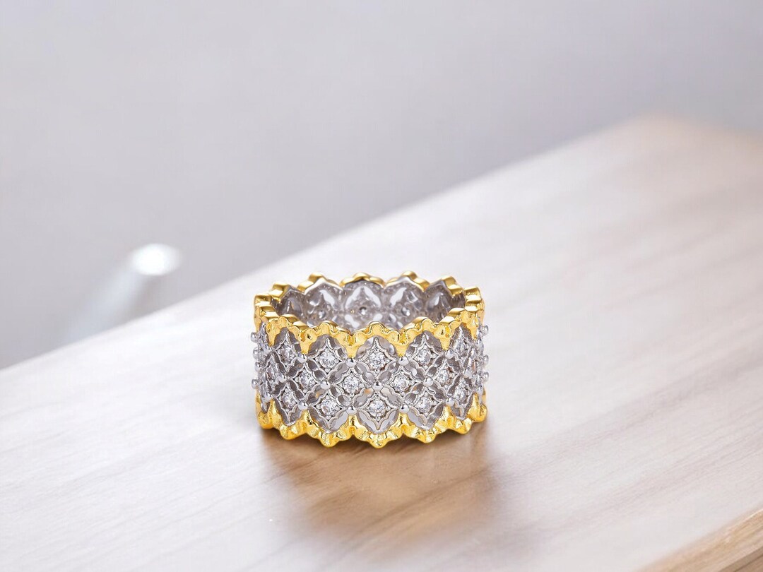 Two Tone Ring, Sterling Silver Ring, Thick Band, Crystal Ring, 18K Gold ...
