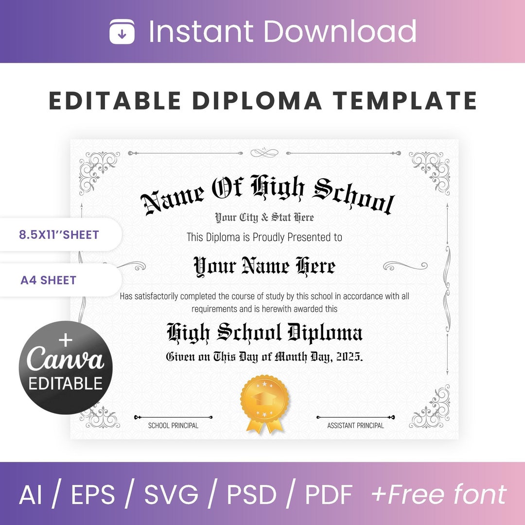 High School Diploma Template, Editable, Home School Diploma, Diploma ...
