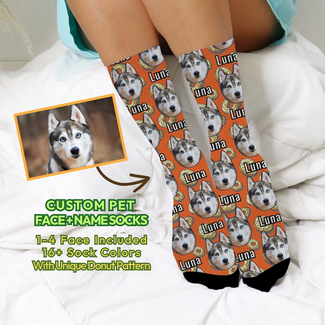 Custom Pet Socks With Donut Cartoon Pattern Personalized Dog & Cat Face ...