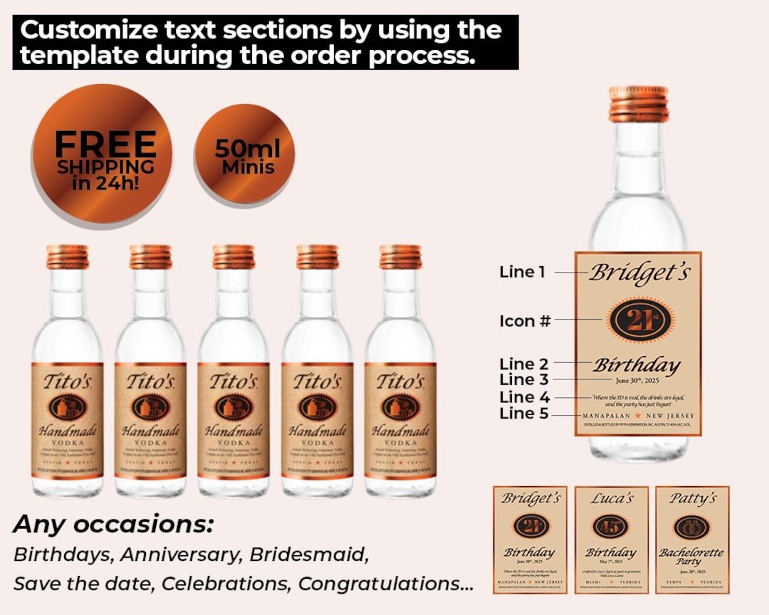 Custom MINIS Tito's Vodka Label, Personalized Liquor Label, Bridesmaid ...
