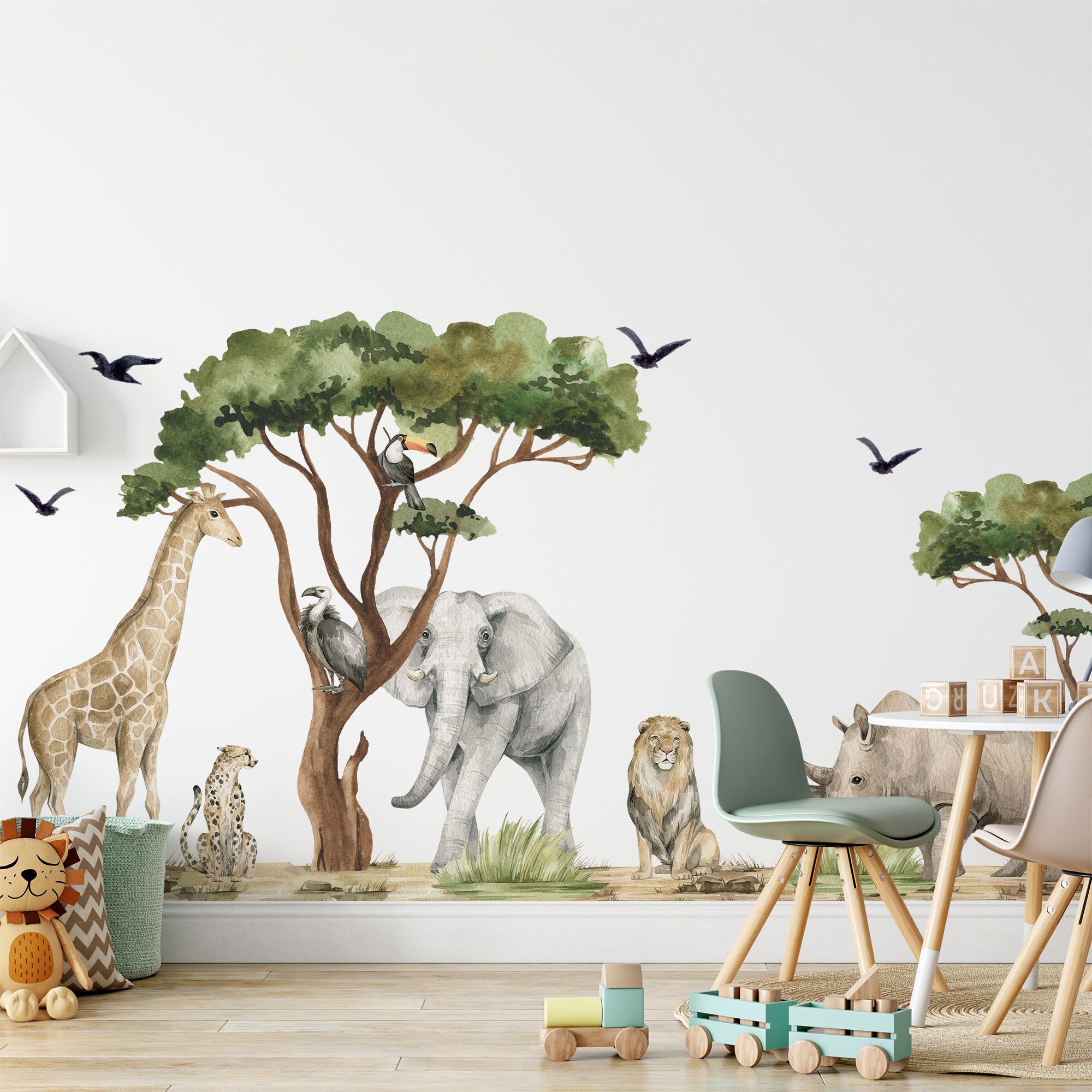 Safari Animals Nursery Wall Decals, Savannah Tree Stickers, Kids ...