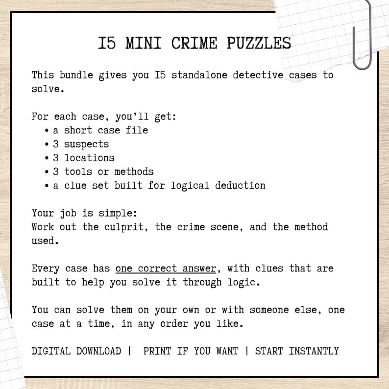 15 Mini Crime Puzzles for Adults, Printable Murder Mystery Case Bundle ...