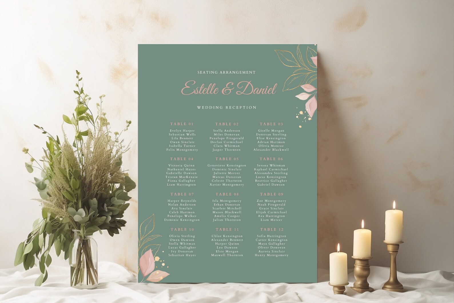 Green Boho Seating Chart, Wedding Seat Plan Display, Seating Sign Canva ...