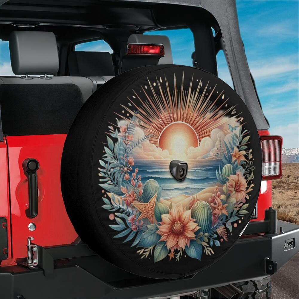 Beach Sunset Tire Cover, Spare Tire Cover, Floral Sunset Tire Cover ...
