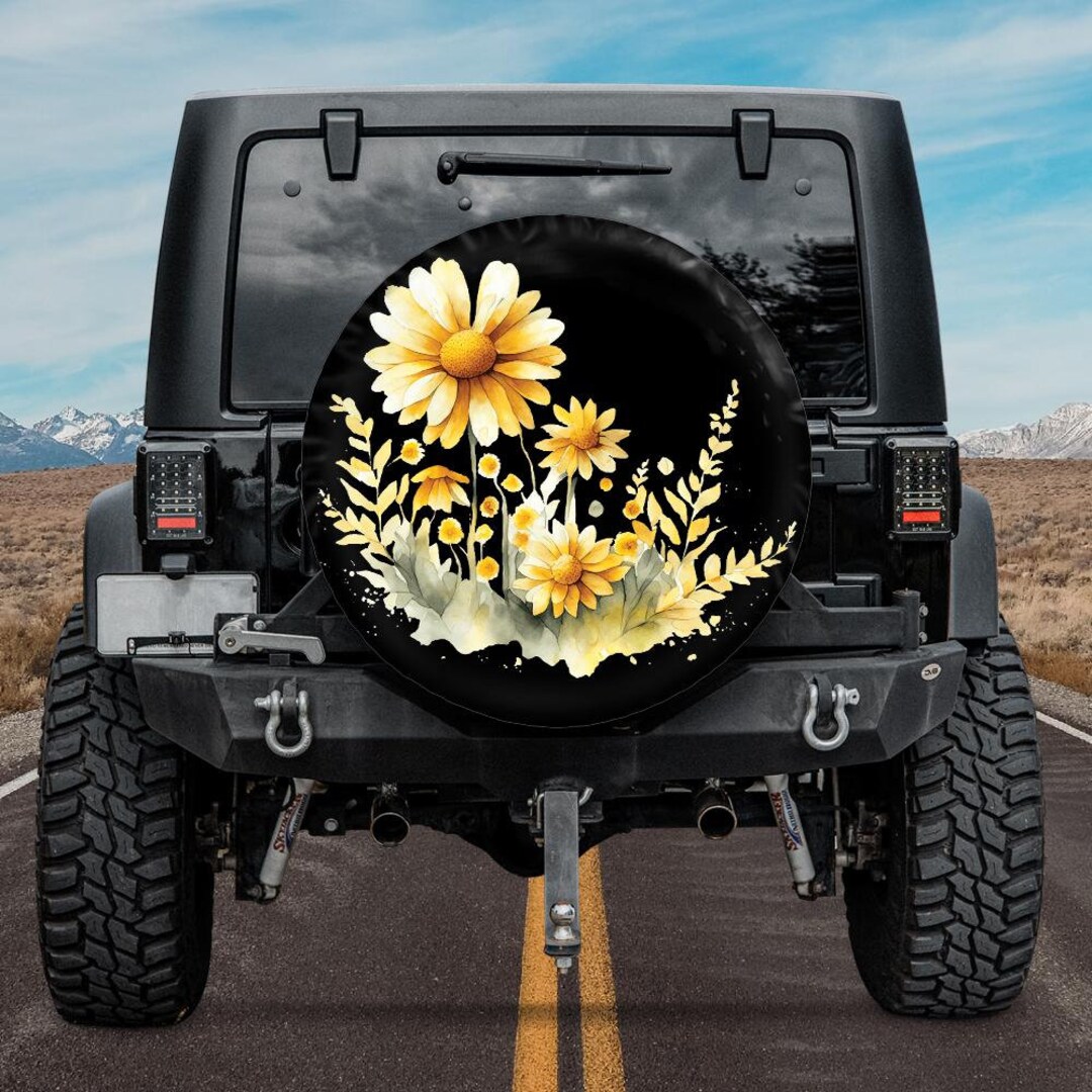Floral Spare Tire Cover, Watercolor Flower Tire Cover, Daisy Spare Tire ...